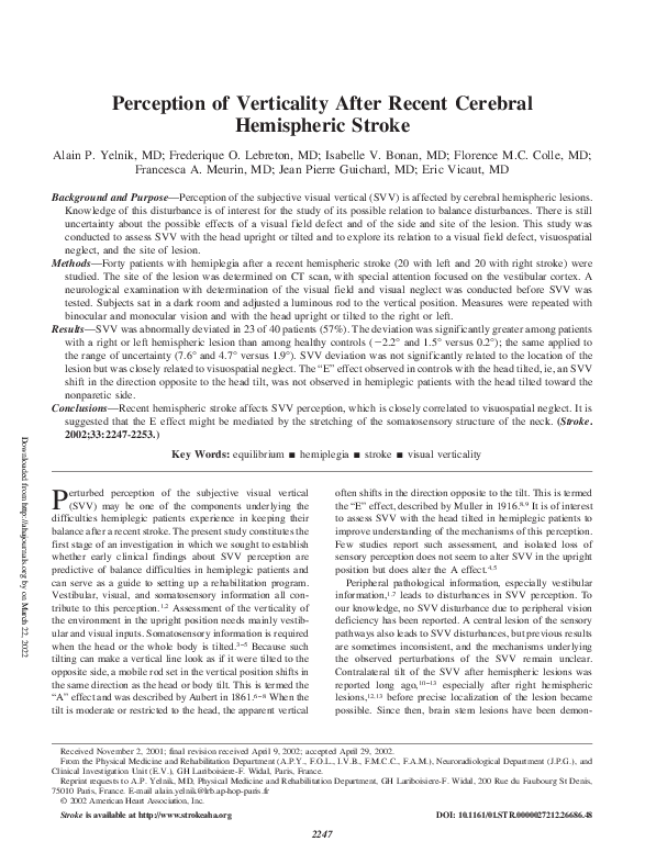 (PDF) Perception of Verticality After Recent Cerebral Hemispheric Stroke
