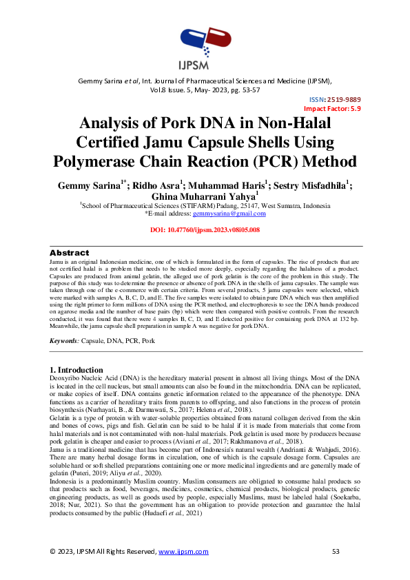 (PDF) Analysis of Pork DNA in Non-Halal Certified Jamu Capsule Shells ...