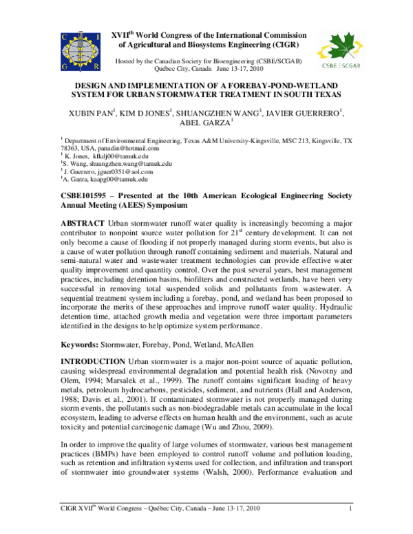 (PDF) Design and implementation of a forebay-pond-wetland system for ...