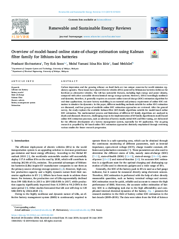 (PDF) Overview of model-based online state-of-charge estimation using ...