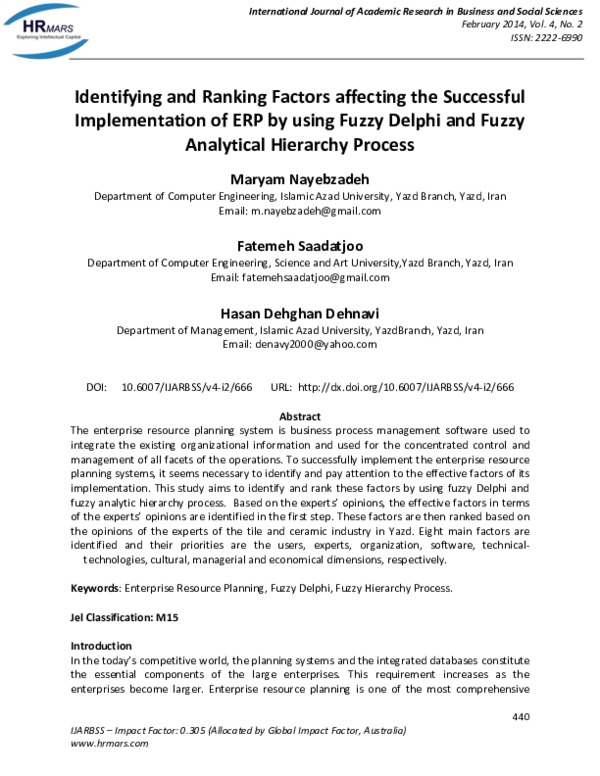 (PDF) Identifying and Ranking Factors affecting the Successful Implementation of ERP by using ...