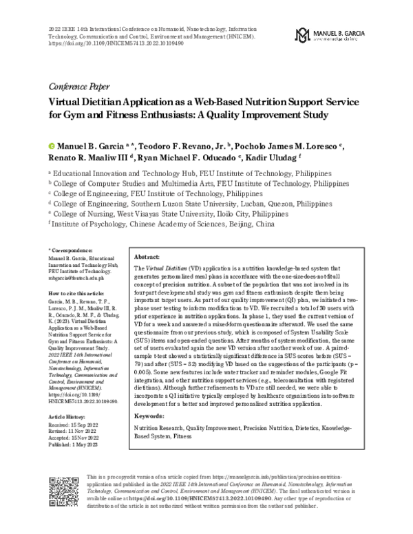 (PDF) Virtual Dietitian as a Precision Nutrition Application for Gym ...