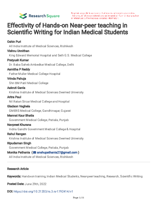 (PDF) Effectivity of Hands-on Near-peer teaching in Scientific Writing ...