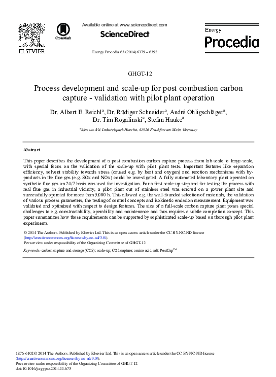 (PDF) Process Development and Scale-up for Post Combustion Carbon Capture - Validation with ...