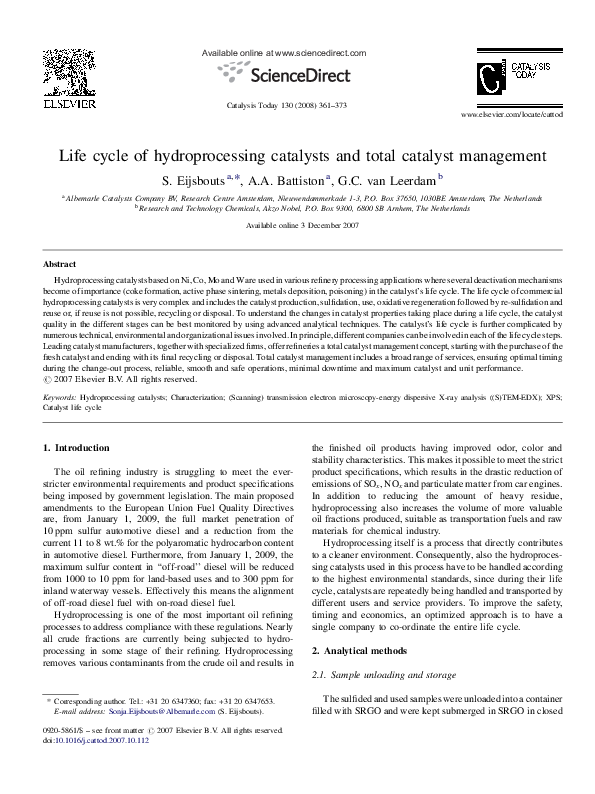 (PDF) Life cycle of hydroprocessing catalysts and total catalyst management