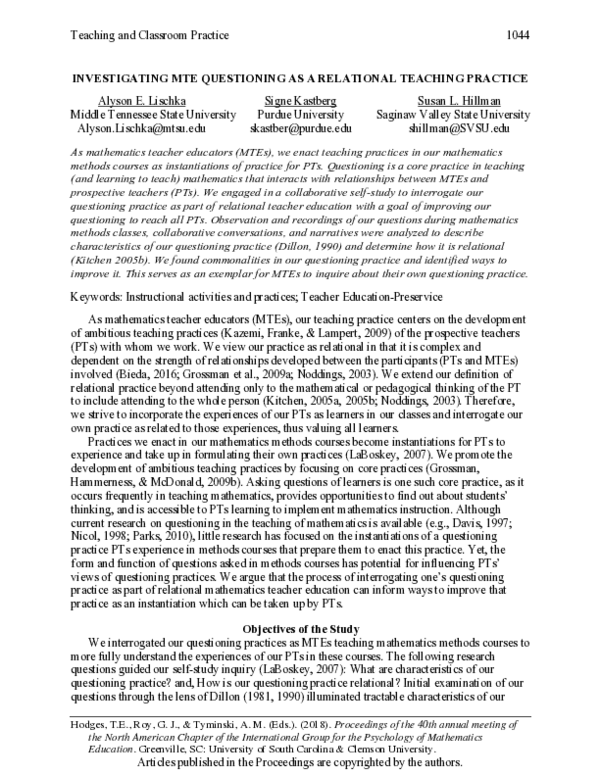 (PDF) Investigating MTE Questioning as a Relational Teaching Practice