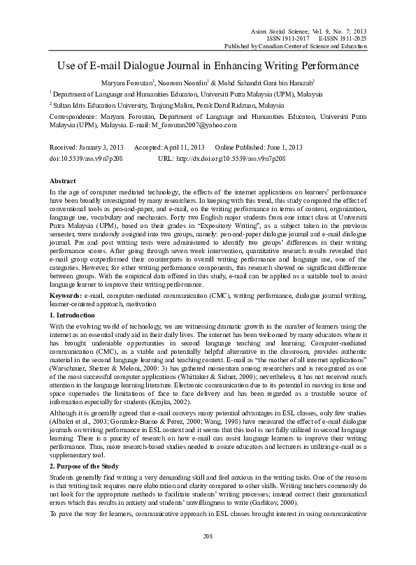 (PDF) Use of E-mail Dialogue Journal in Enhancing Writing Performance