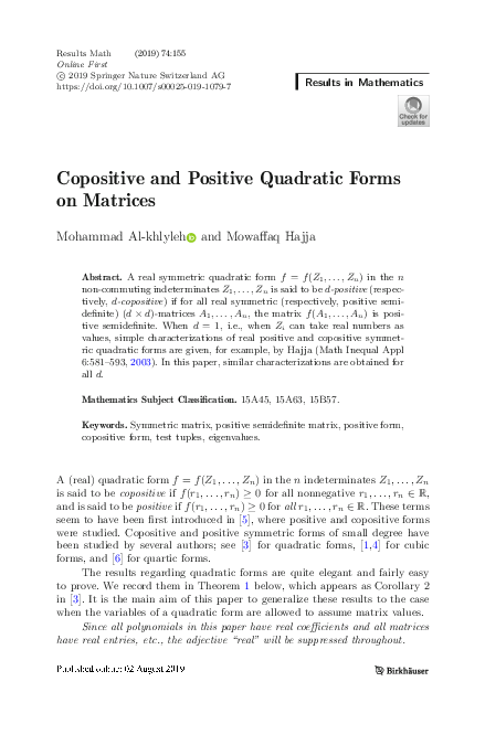 (PDF) Copositive and Positive Quadratic Forms on Matrices