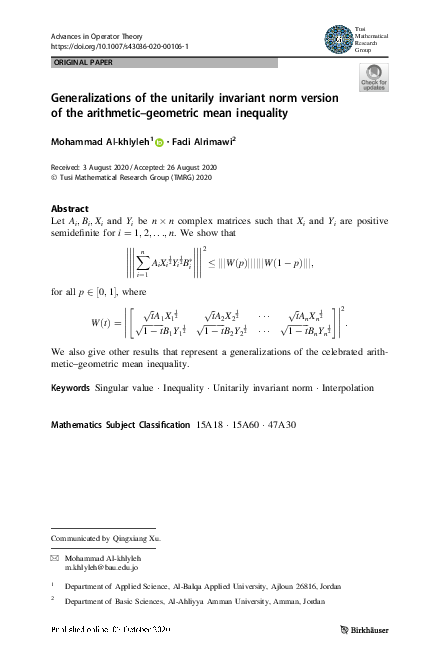 (PDF) Generalizations of the unitarily invariant norm version of the arithmetic–geometric mean ...