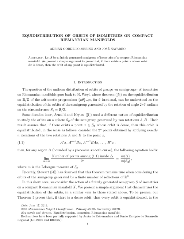 (PDF) Equidistribution of orbits of isometries on compact Riemannian manifolds | Adrián Merino ...