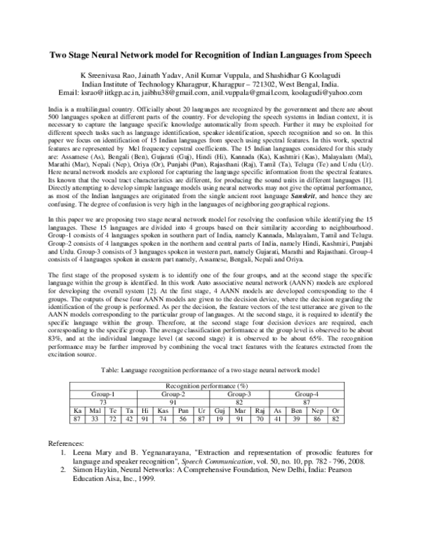 (PDF) Two Stage Neural Network model for Recognition of Indian Languages from Speech