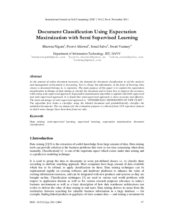 Pdf Document Classification Using Expectation Maximization With Semi Supervised Learning
