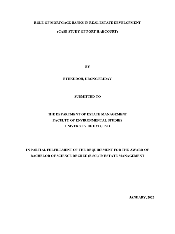 (DOC) ROLE OF MORTGAGE BANKS IN REAL ESTATE DEVELOPMENT (CASE STUDY OF ...