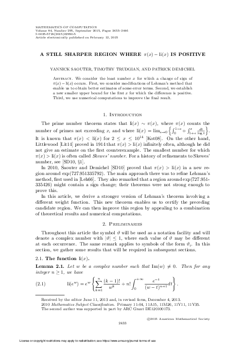 (PDF) A still sharper region where $\pi (x)-{\mathrm {li}}(x)$ is positive