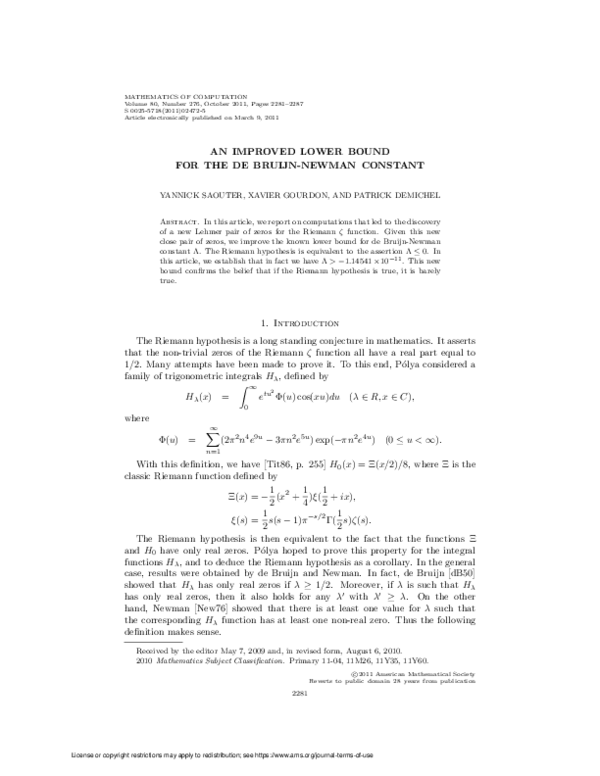 (PDF) An improved lower bound for the de Bruijn-Newman constant