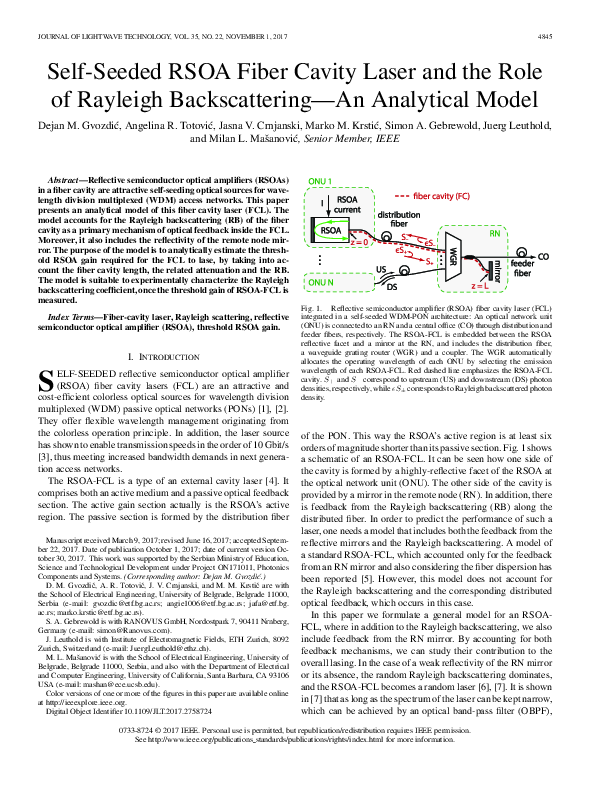 (PDF) Self-Seeded RSOA Fiber Cavity Laser and the Role of Rayleigh Backscattering—An Analytical ...