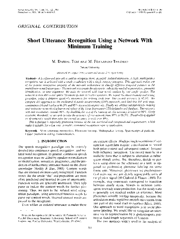 Pdf Short Utterance Recognition Using A Network With Minimum Training Daniel Tom
