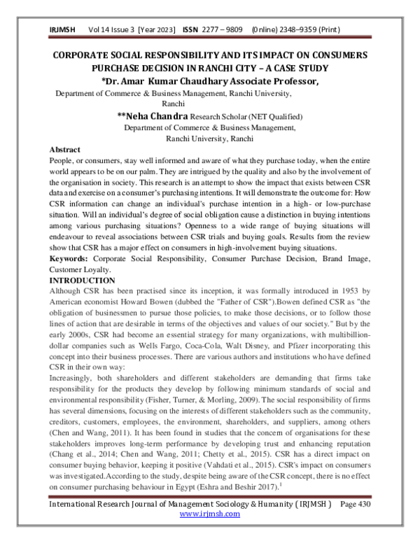 (PDF) CORPORATE SOCIAL RESPONSIBILITY AND ITS IMPACT ON CONSUMERS PURCHASE DECISION IN RANCHI ...