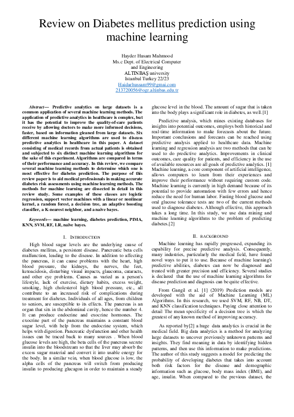 (PDF) Review on Diabetes mellitus prediction using machine learning