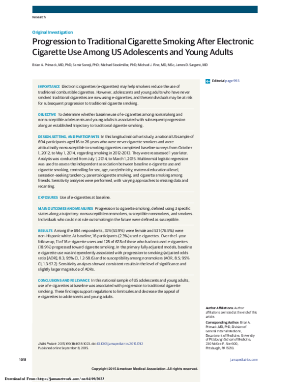 (PDF) Progression to Traditional Cigarette Smoking After Electronic ...