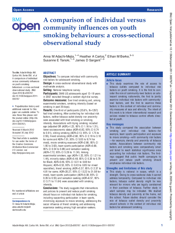 (PDF) Individual vs Community Influences on Youth Smoking