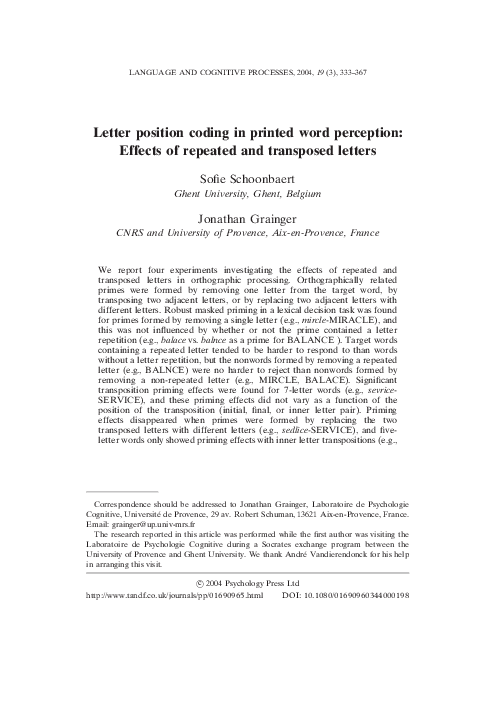 (PDF) Letter position coding in printed word perception: Effects of repeated and transposed letters