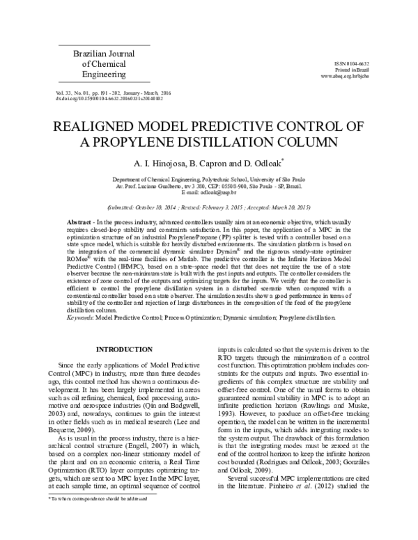 Pdf Realigned Model Predictive Control Of A Propylene Distillation