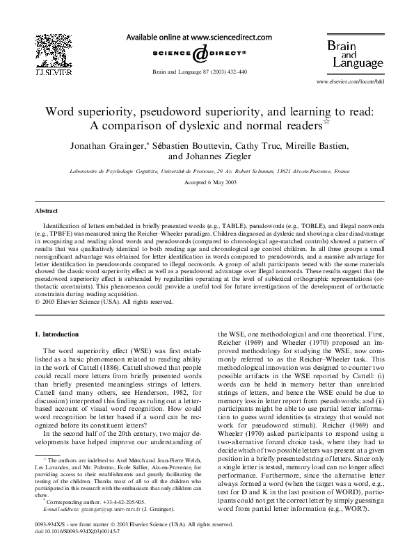 (PDF) Word superiority, pseudoword superiority, and learning to read: A comparison of dyslexic ...