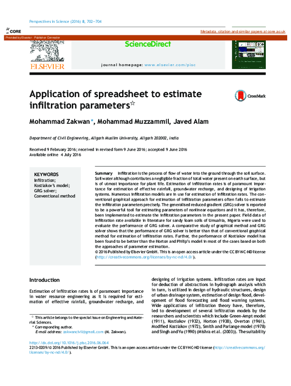 (PDF) Application of spreadsheet to estimate infiltration parameters