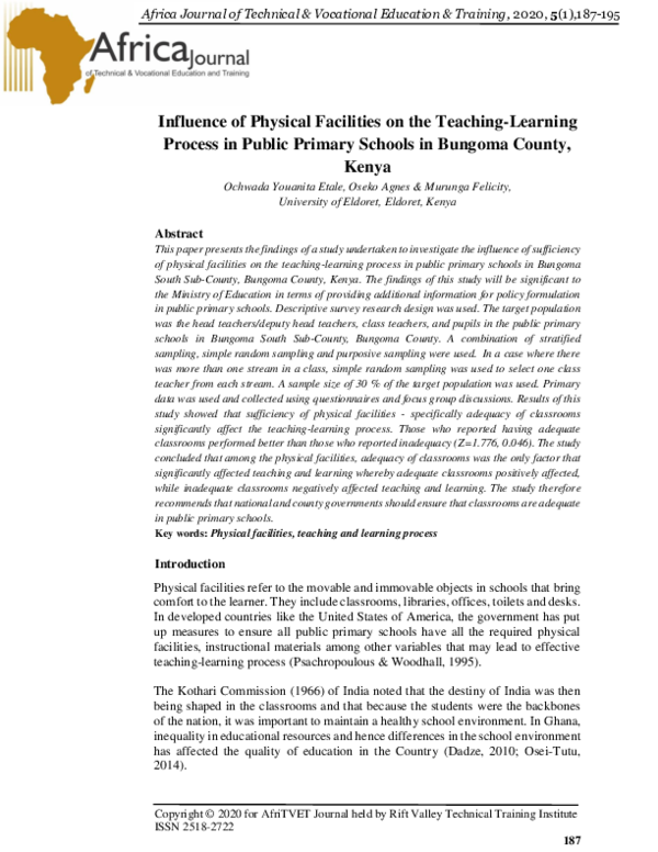 (PDF) Influence of Physical Facilities on the Teaching-Learning Process in Public Primary ...