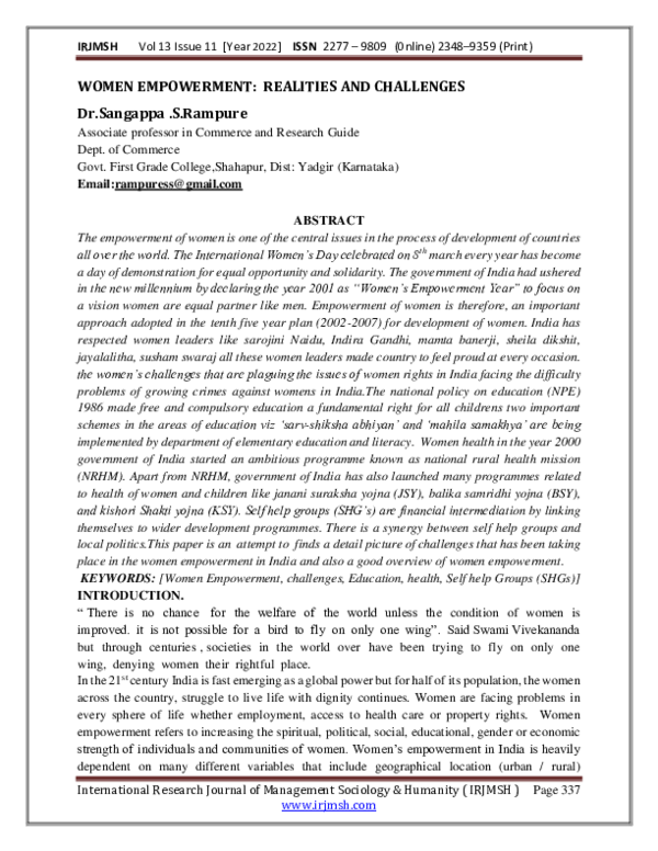 (PDF) WOMEN EMPOWERMENT: REALITIES AND CHALLENGES