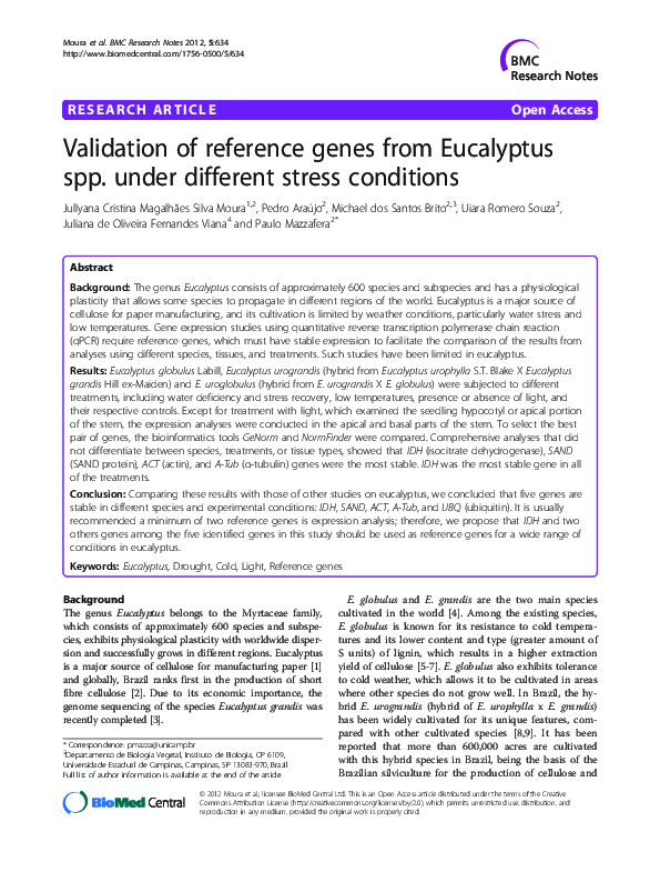 (PDF) Validation of reference genes from Eucalyptus spp. under different stress conditions ...