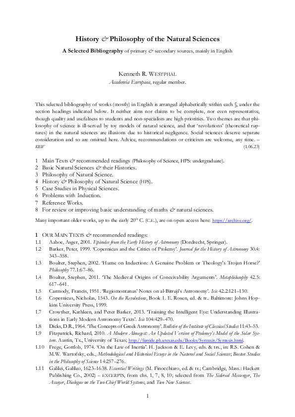 (PDF) History & Philosophy of the Natural Sciences: Selected Bibliographies