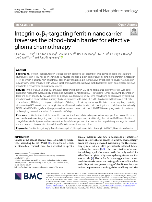 (PDF) Integrin α2β1-targeting ferritin nanocarrier traverses the blood ...