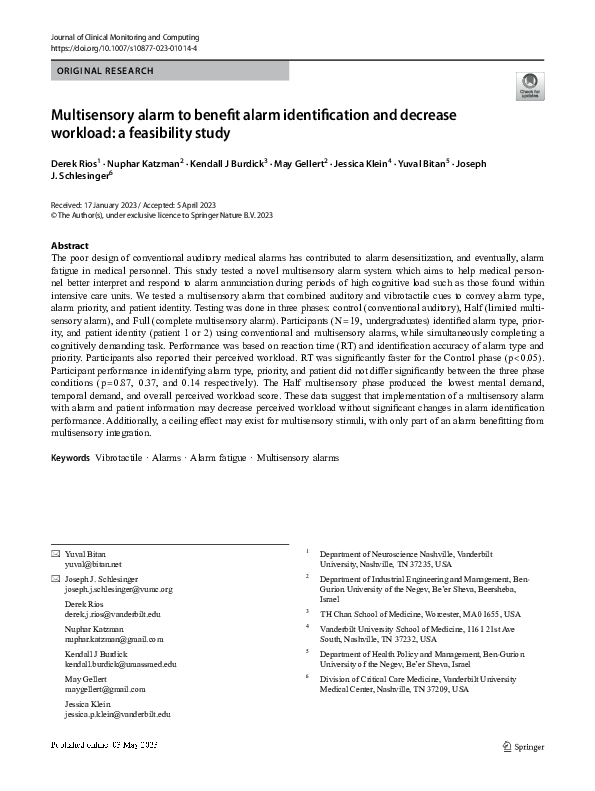 (PDF) Multisensory alarm to benefit alarm identification and decrease workload: a feasibility study