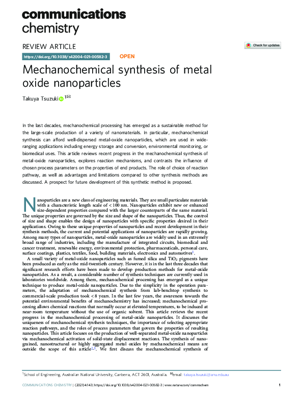 (PDF) Mechanochemical synthesis of metal oxide nanoparticles