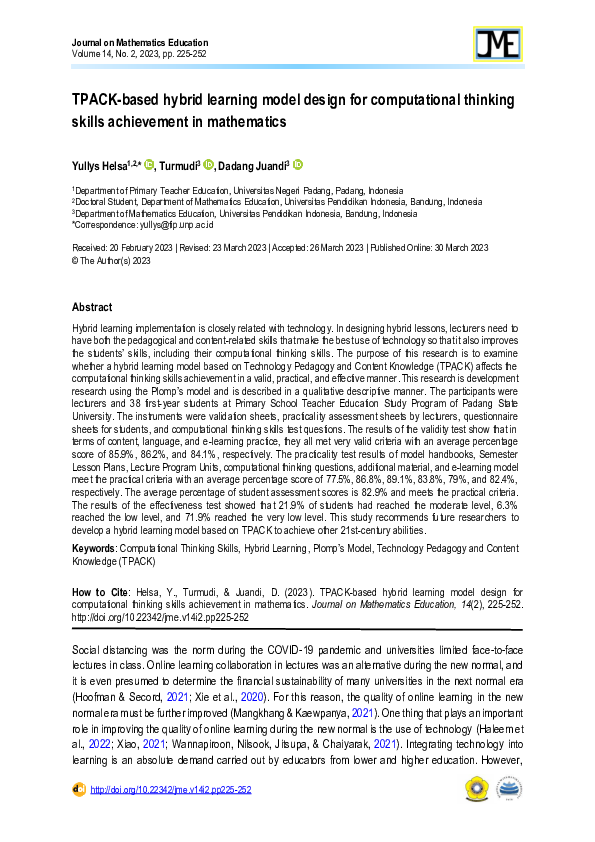 (PDF) TPACK-based hybrid learning model design for computational thinking skills achievement in ...