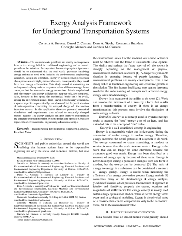 (PDF) Exergy Analysis Framework for Underground Transportation Systems