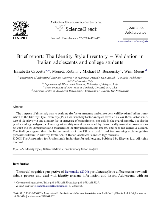 (PDF) Brief report: The Identity Style Inventory – Validation in ...