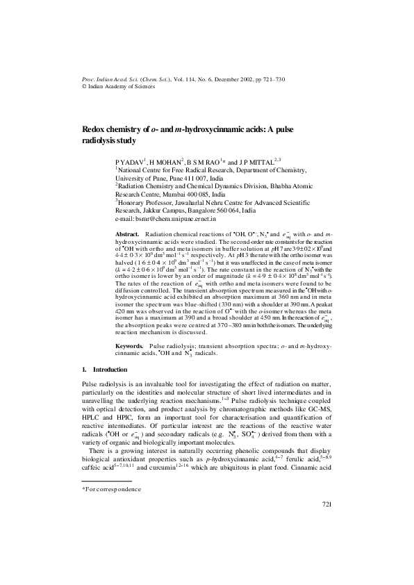 (PDF) Redox chemistry ofo- andm-hydroxycinnamic acids: A pulse ...