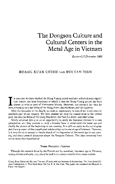(PDF) The Dongson Culture and cultural centers in the Metal Age in Vietnam