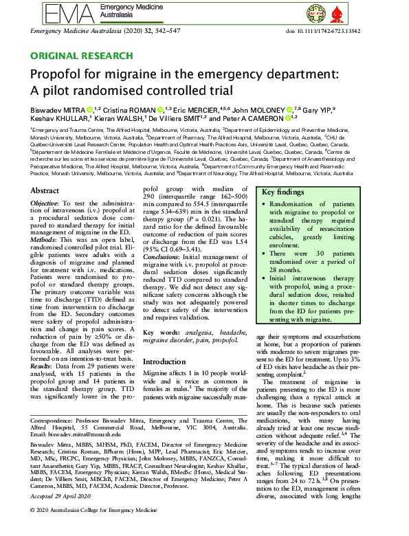 (PDF) Propofol for migraine in the emergency department: A pilot ...