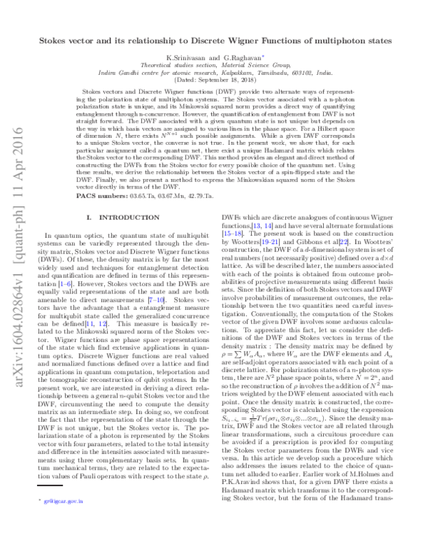 (PDF) Linking Stokes Vectors and Discrete Wigner Functions