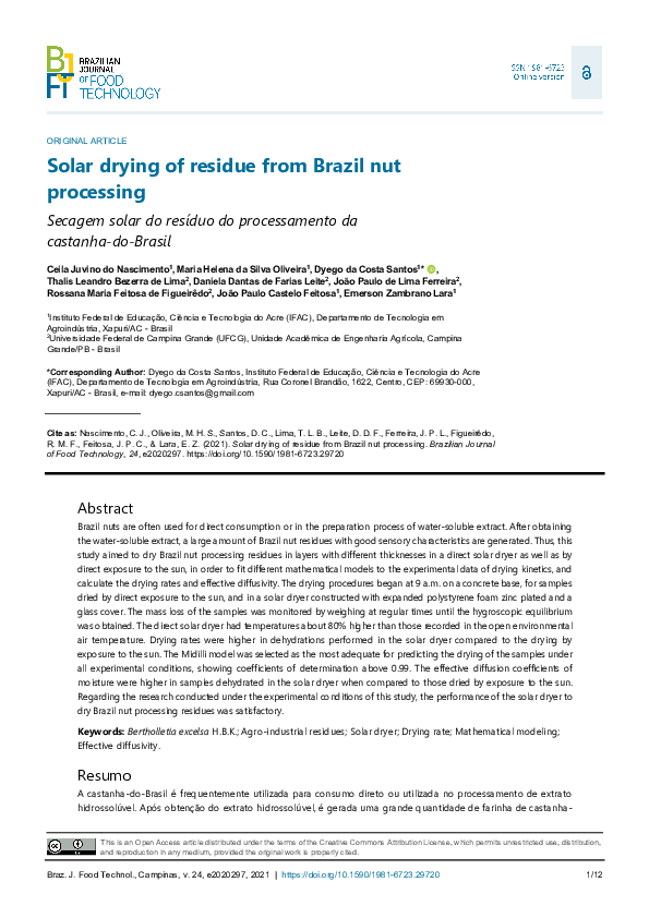 (PDF) Solar drying of residue from Brazil nut processing | Emerson ...