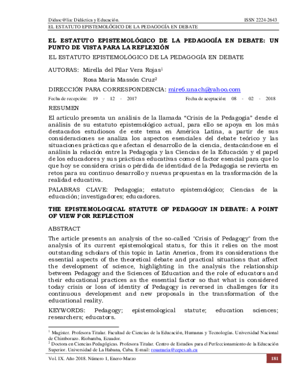 (PDF) El Estatuto Epistemológico De La Pedagogía en Debate: Un Punto De Vista Para La Reflexión