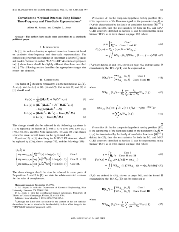 Pdf Corrections To Optimal Detection Using Bilinear Time Frequency And Time Scale Representations