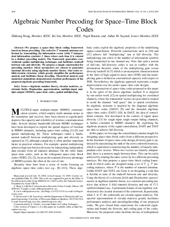 Pdf Algebraic Precoding In Space Time Codes