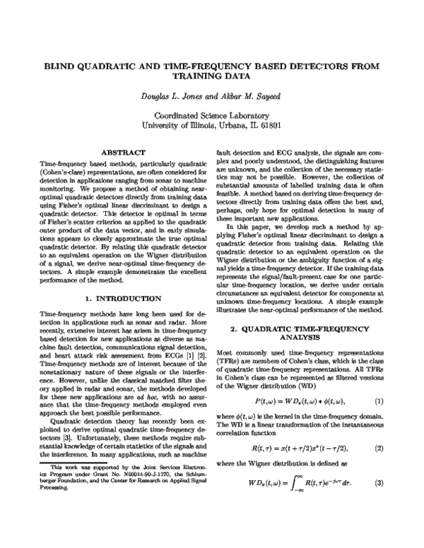 Pdf Blind Quadratic And Time Frequency Based Detectors From Training Data