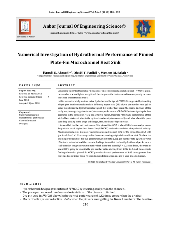 (PDF) Numerical Investigation of Hydrothermal Performance of Pinned ...