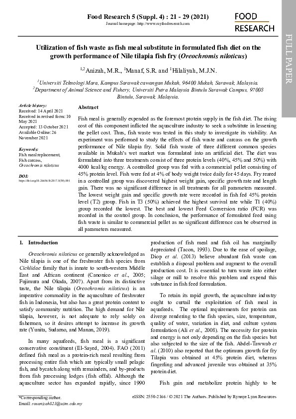 (PDF) Utilization of fish waste as fish meal substitute in formulated fish diet on the growth ...